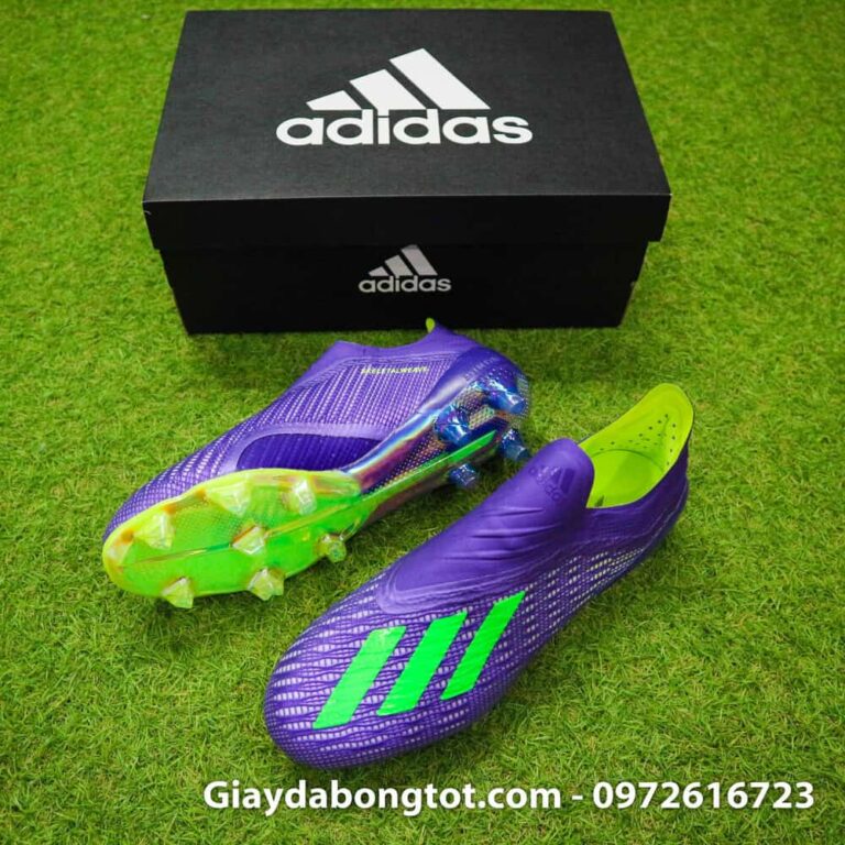 Giày đá bóng Adidas X18+ không dây Tím vạch xanh - "Giày tiền đạo"